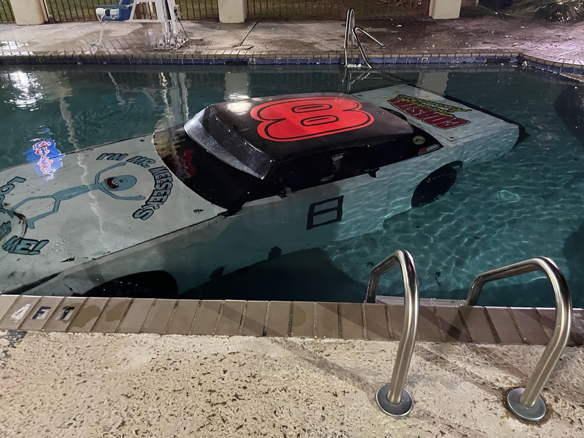 Rick and Morty racecar takes a swim in a hotel pool (Photos)